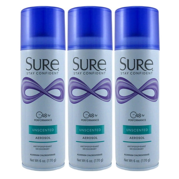Sure Deodorant, 6oz Aerosol, Unscented, Pack of 3, Anti-Perspirant ...