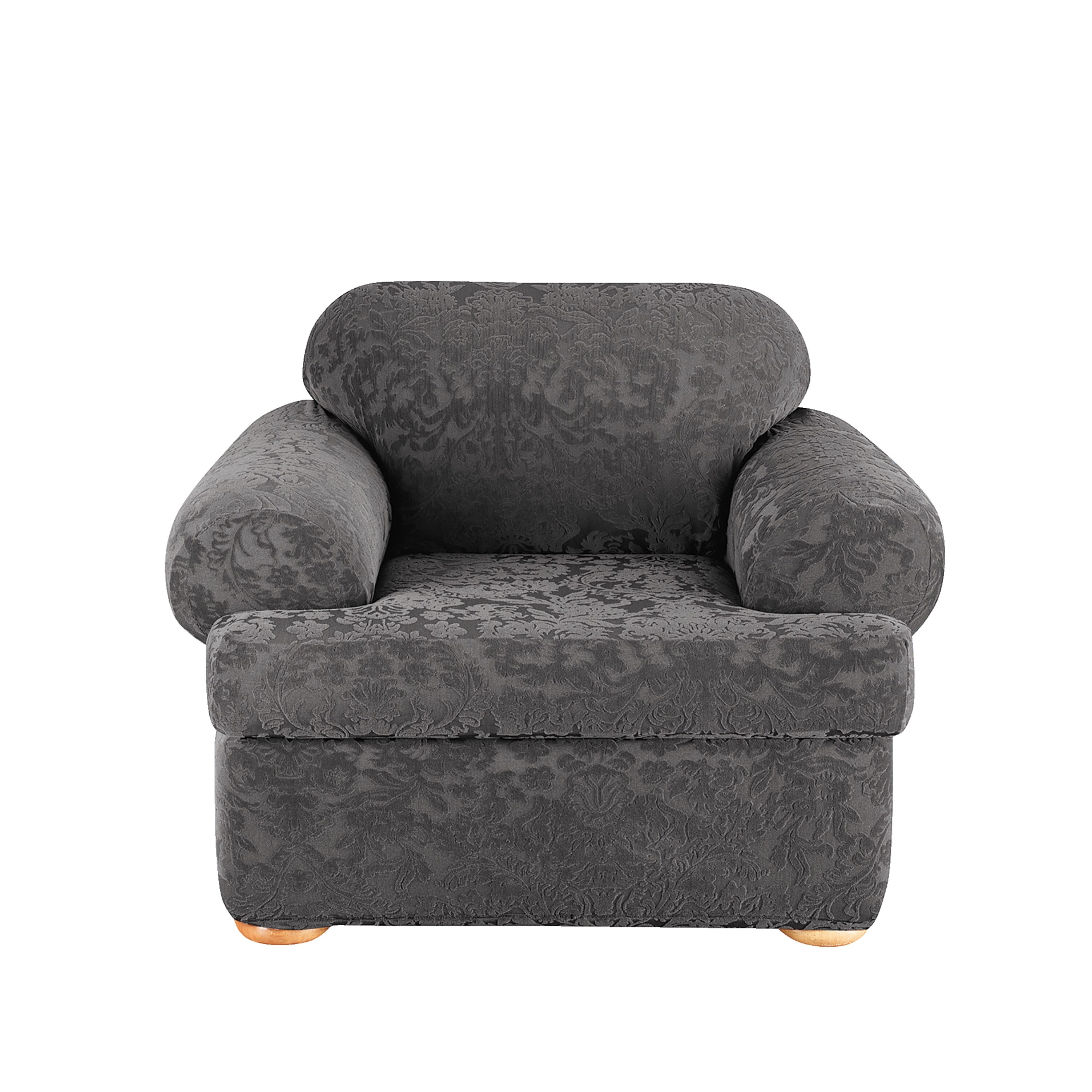 SureFit Stretch Jacquard Damask 2 Piece T Cushion Chair Slipcover Gray ...