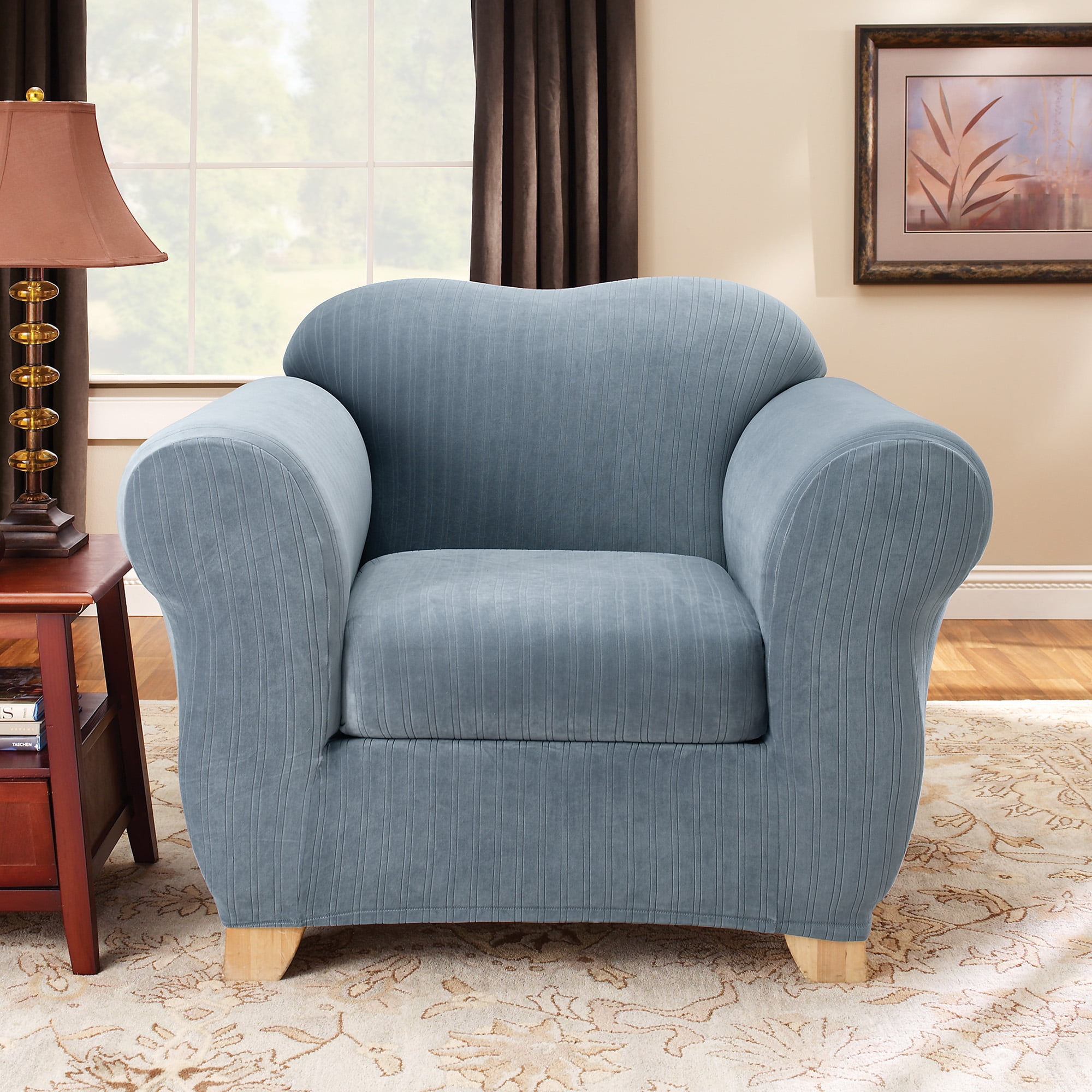 SureFit Stretch Pinstripe 2 Piece Chair Slipcover in French Blue ...