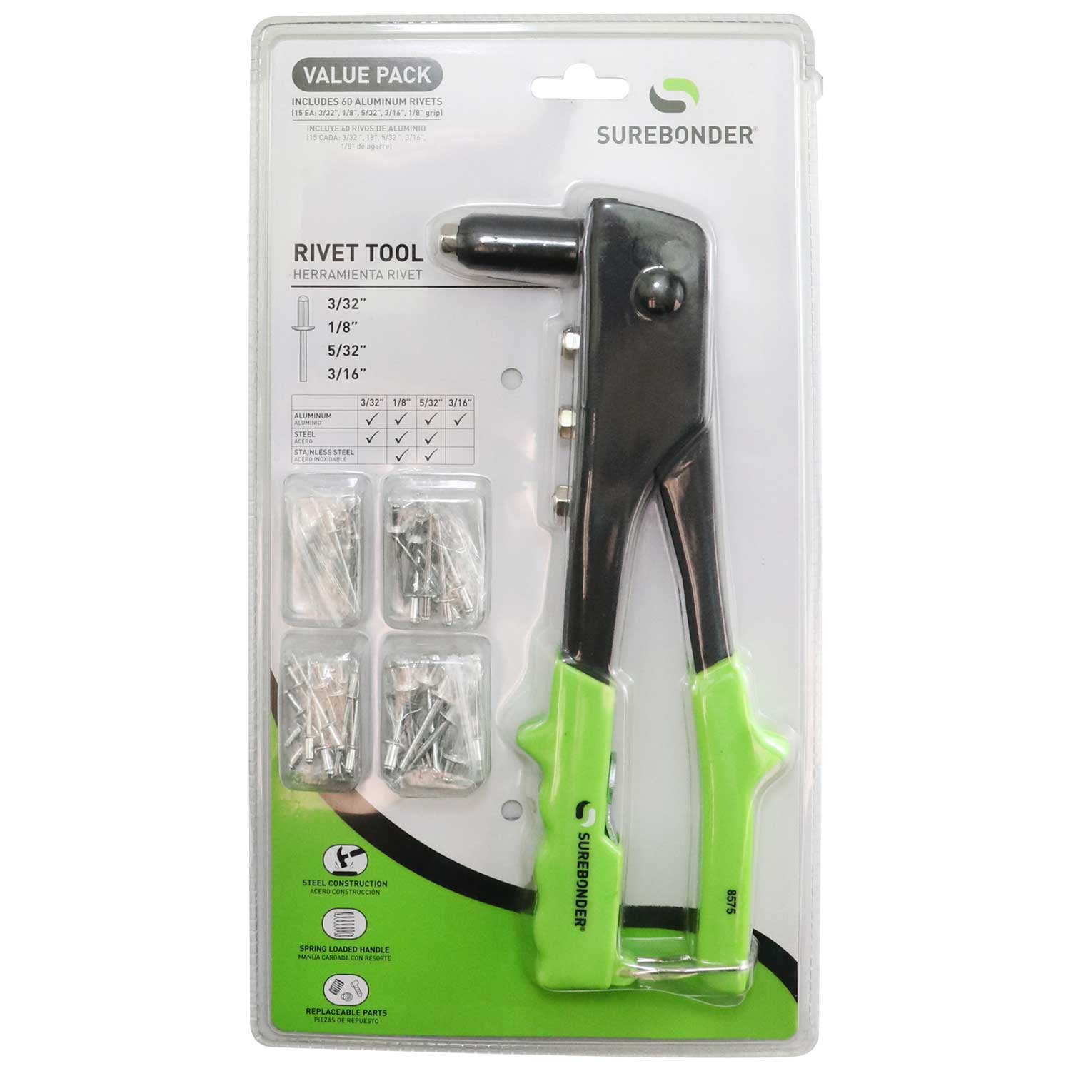 Surebonder Heavy Duty Rivet Tool Kit - Includes 60 Aluminum Rivets, 3/ ...