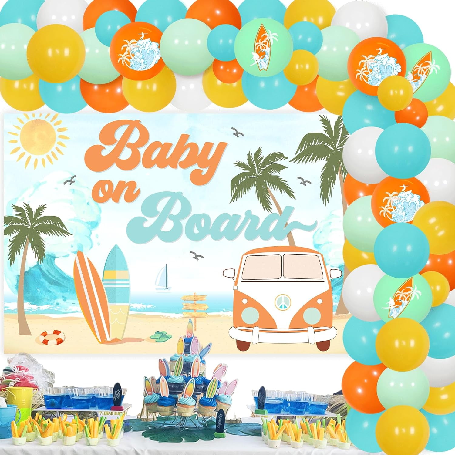 Surf Baby Shower Decorations, Baby On Board Backdrop with Surf Balloon ...