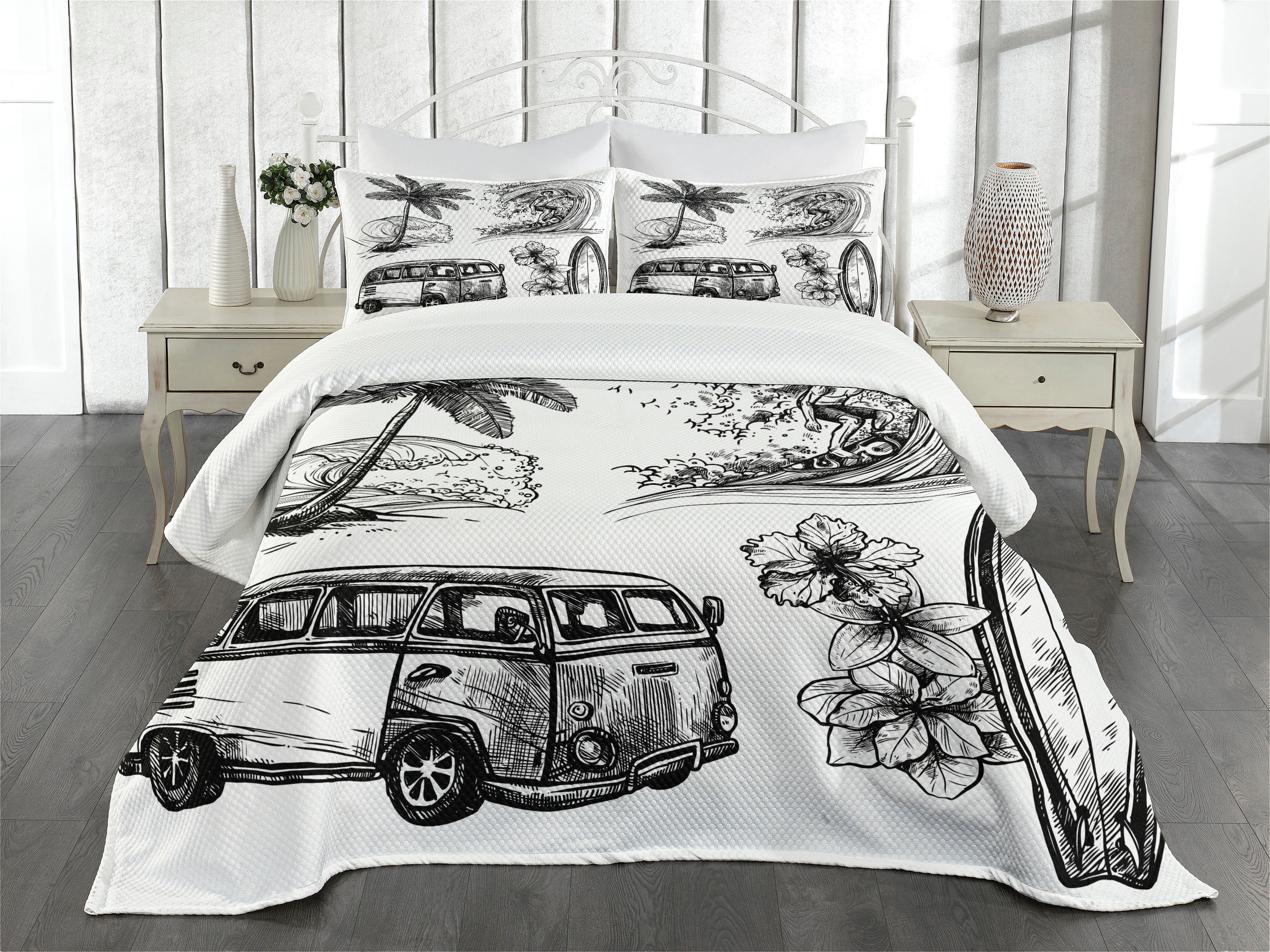 Surf Bedspread Set King Size, Surfing Sport Surfboard Beach Van Sketch ...