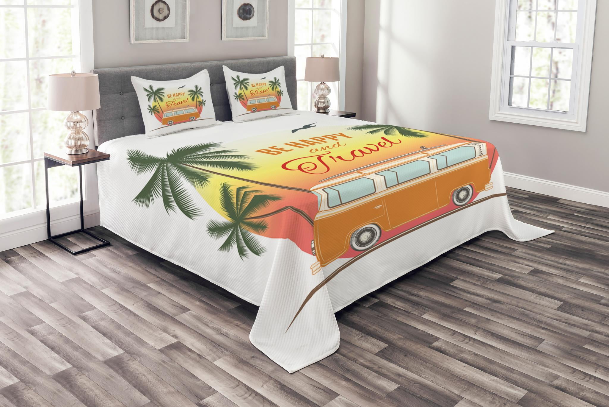 Surf Bedspread Set Queen Size, Retro Surf Van with Palms Camping Relax ...