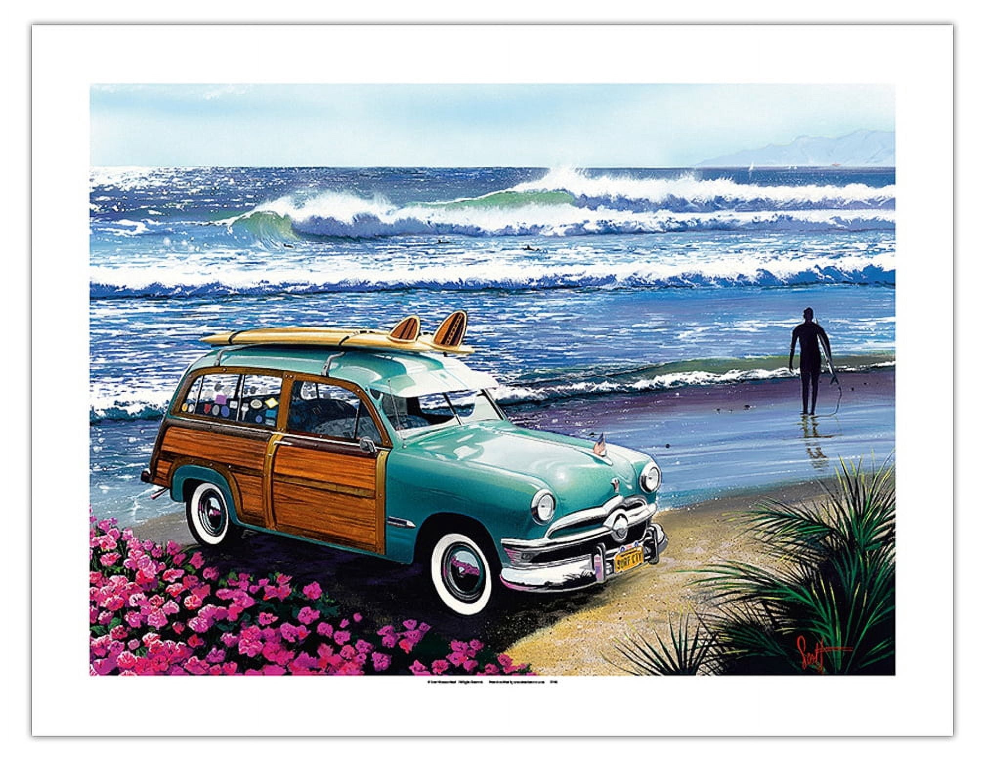 Surf City - Retro Woodie on Beach with Surfboards - From an Original ...