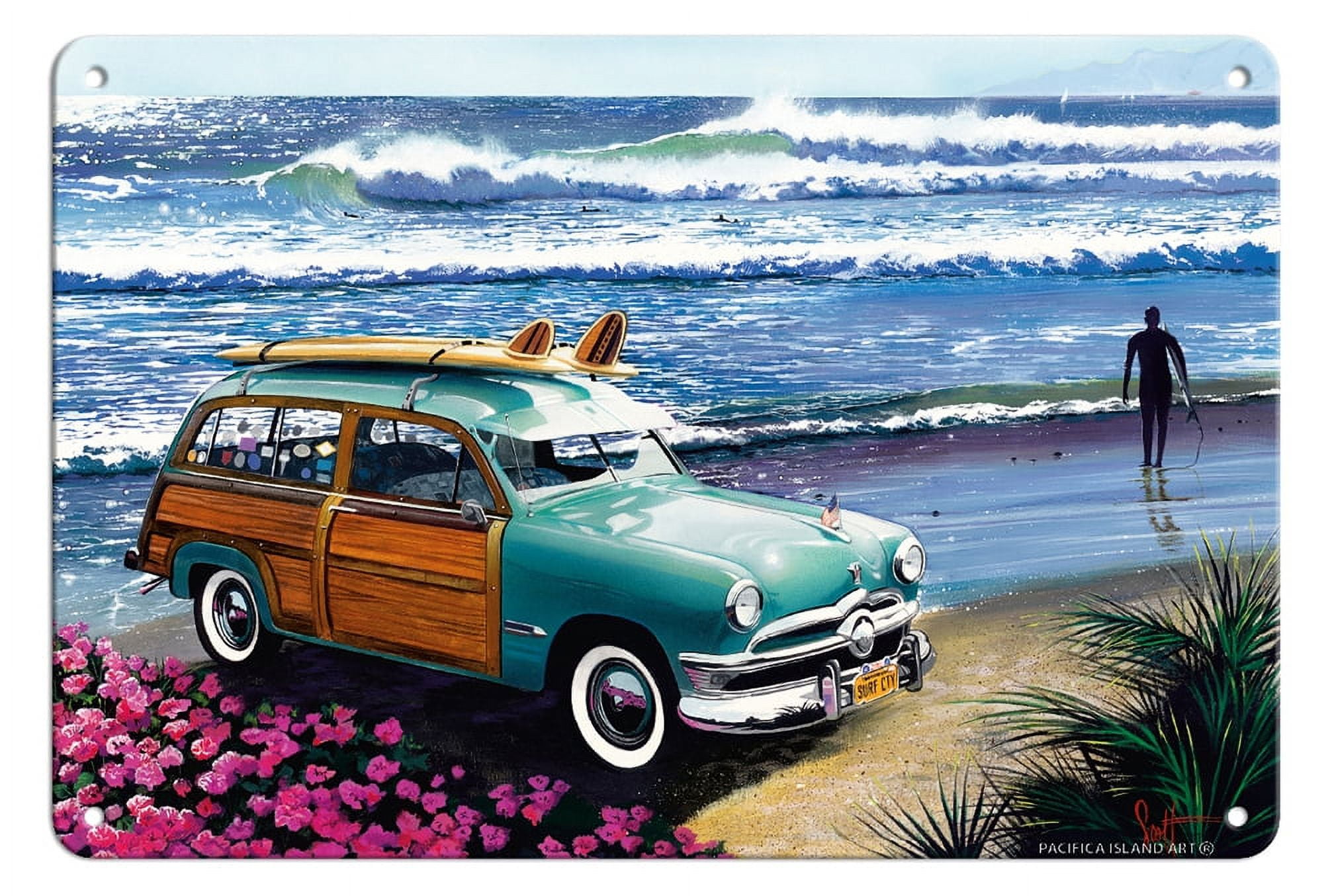 Surf City - Retro Woodie on Beach with Surfboards - From an Original ...