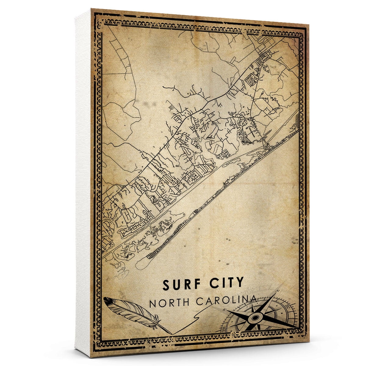 Surf City Vintage Map Prints Canvas, North Carolina Map Art Canvas ...