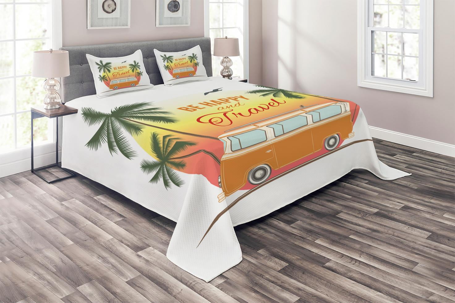 Surf Coverlet Set King Size, Retro Surf Van with Palms Camping Relax ...