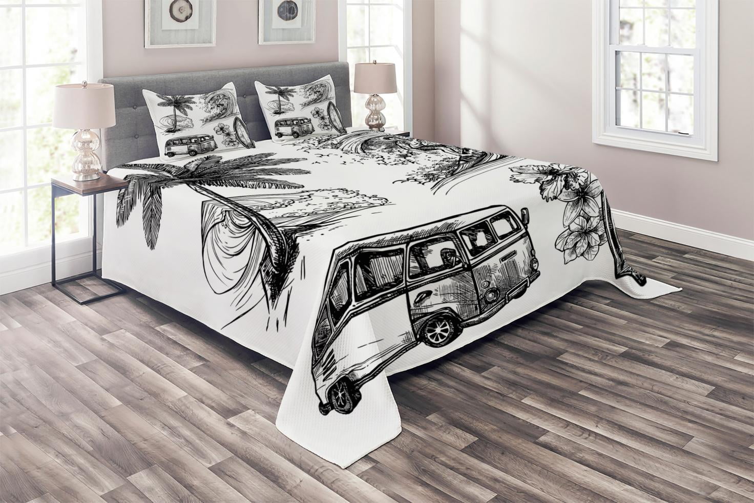 Surf Coverlet Set Queen Size, Surfing Sport Surfboard Beach Van Sketch ...