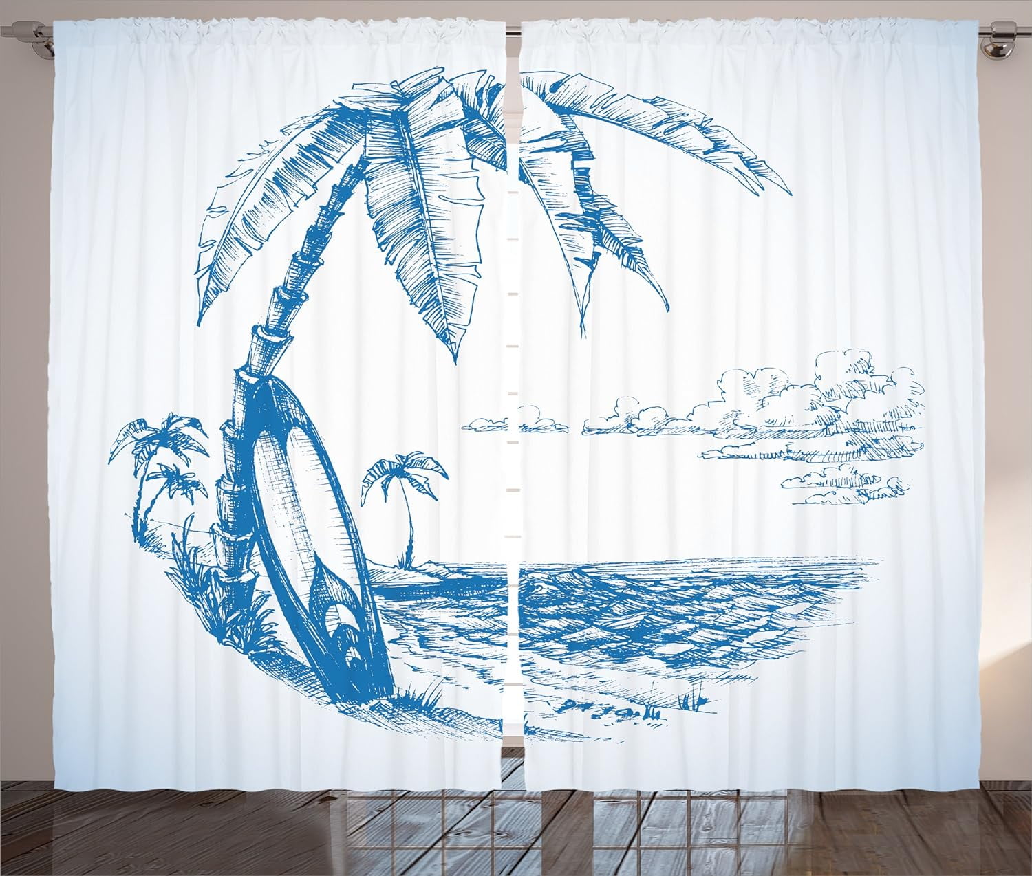Surf Decor Curtains 2 Panels Set, Contemporary Sketch Illustration of ...