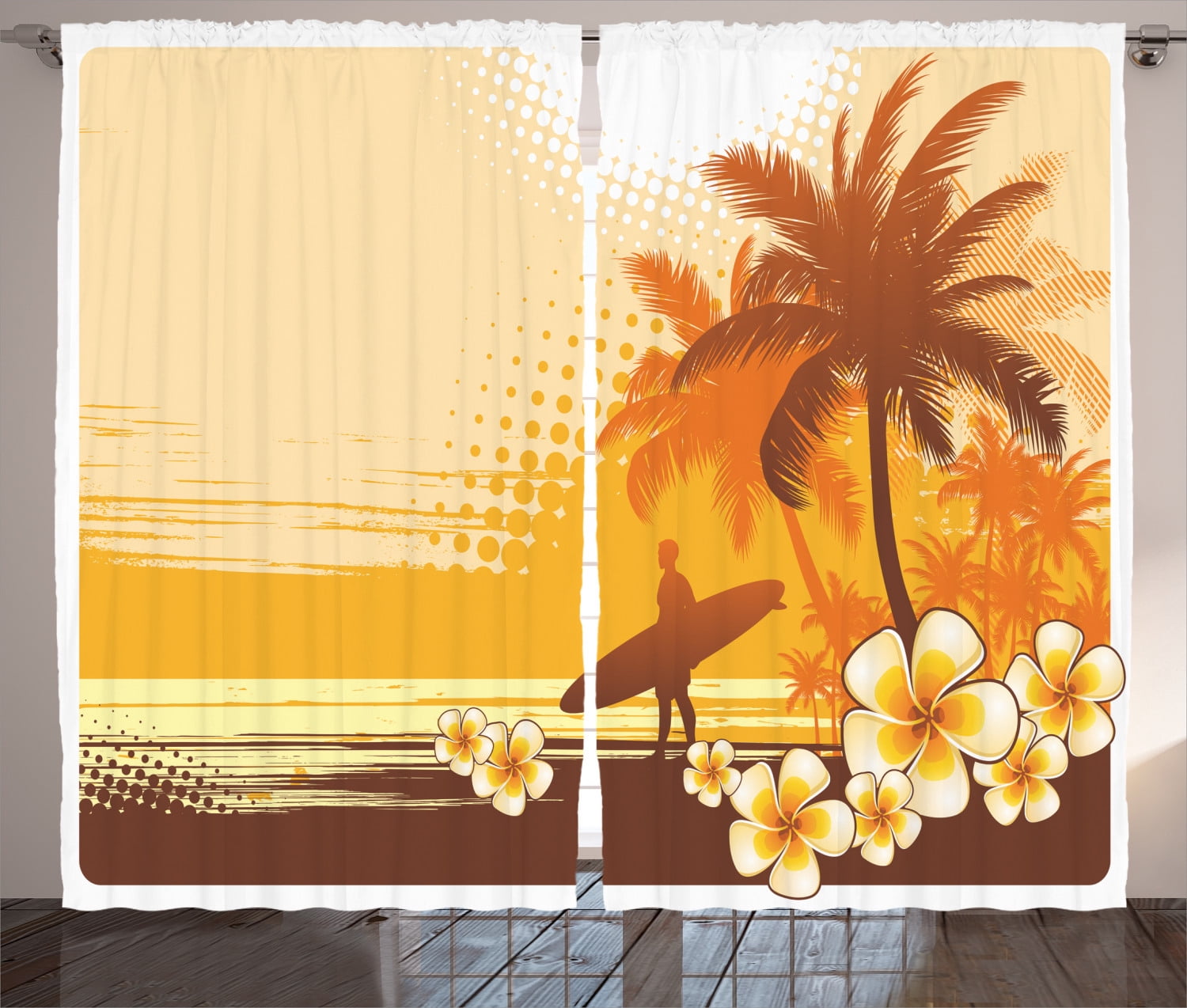Ambesonne Surf Curtains 2 Panel Set, Surfer Tropical Landscape, 108" x ...