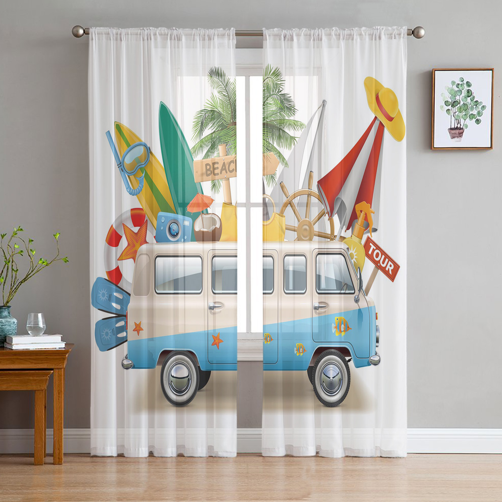 Surf Diving Beach Van Tulle Curtains for Living Room Bedroom ration ...