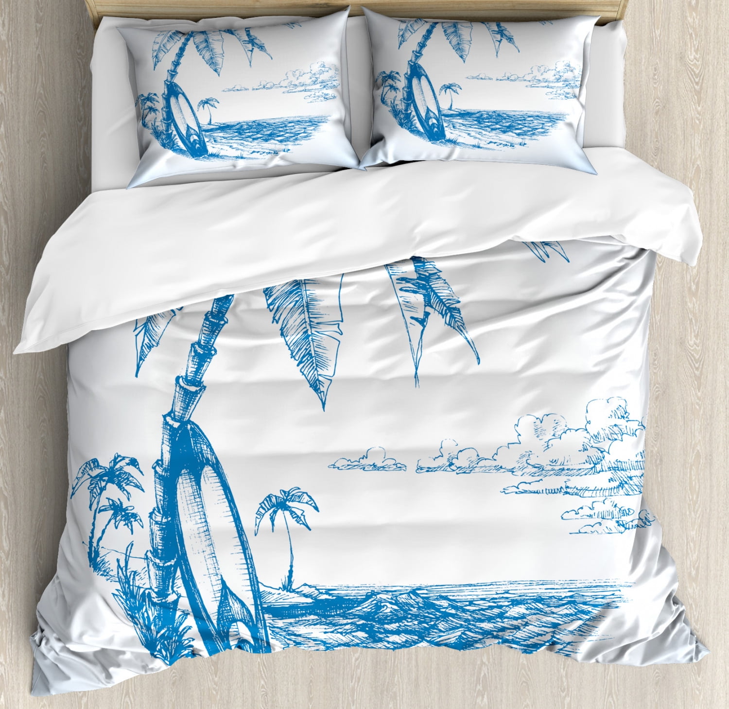Surf Duvet Cover Set, Contemporary Sketch Illustration Hawaiian Beach ...
