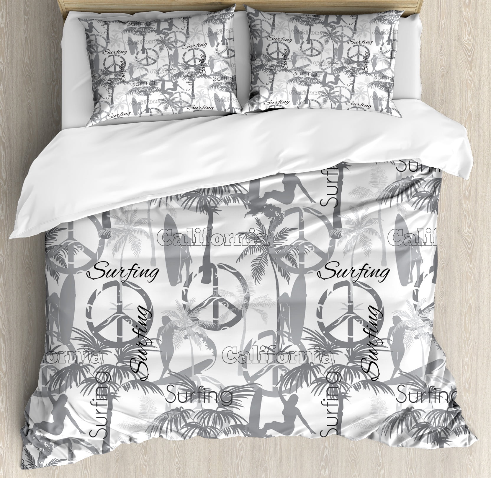 Surf Duvet Cover Set, Silhouette of a Surfing Lady Woman in the Ocean ...