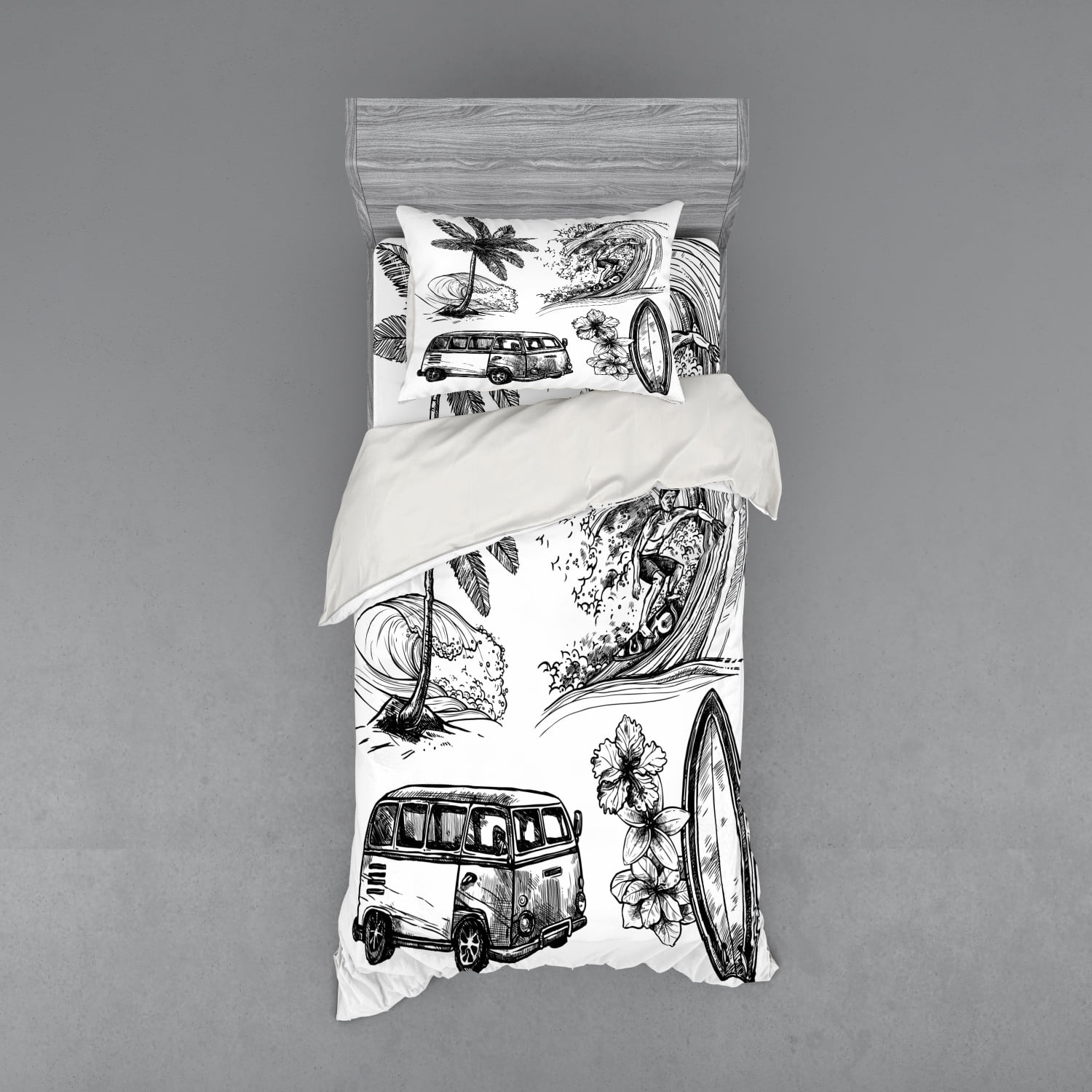 Surf Duvet Cover Set, Surfing Sport Surfboard Beach Van Sketch Style ...