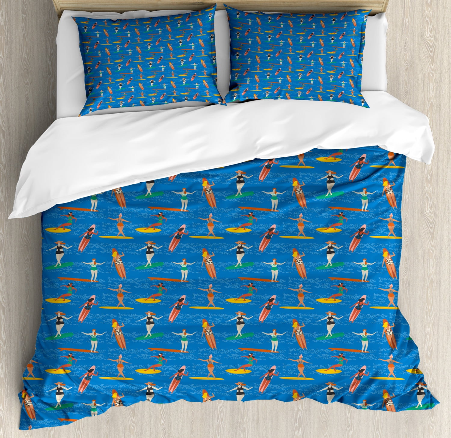 Surf King Size Duvet Cover Set, Woman Surfers in Bikini on Sea Waves ...