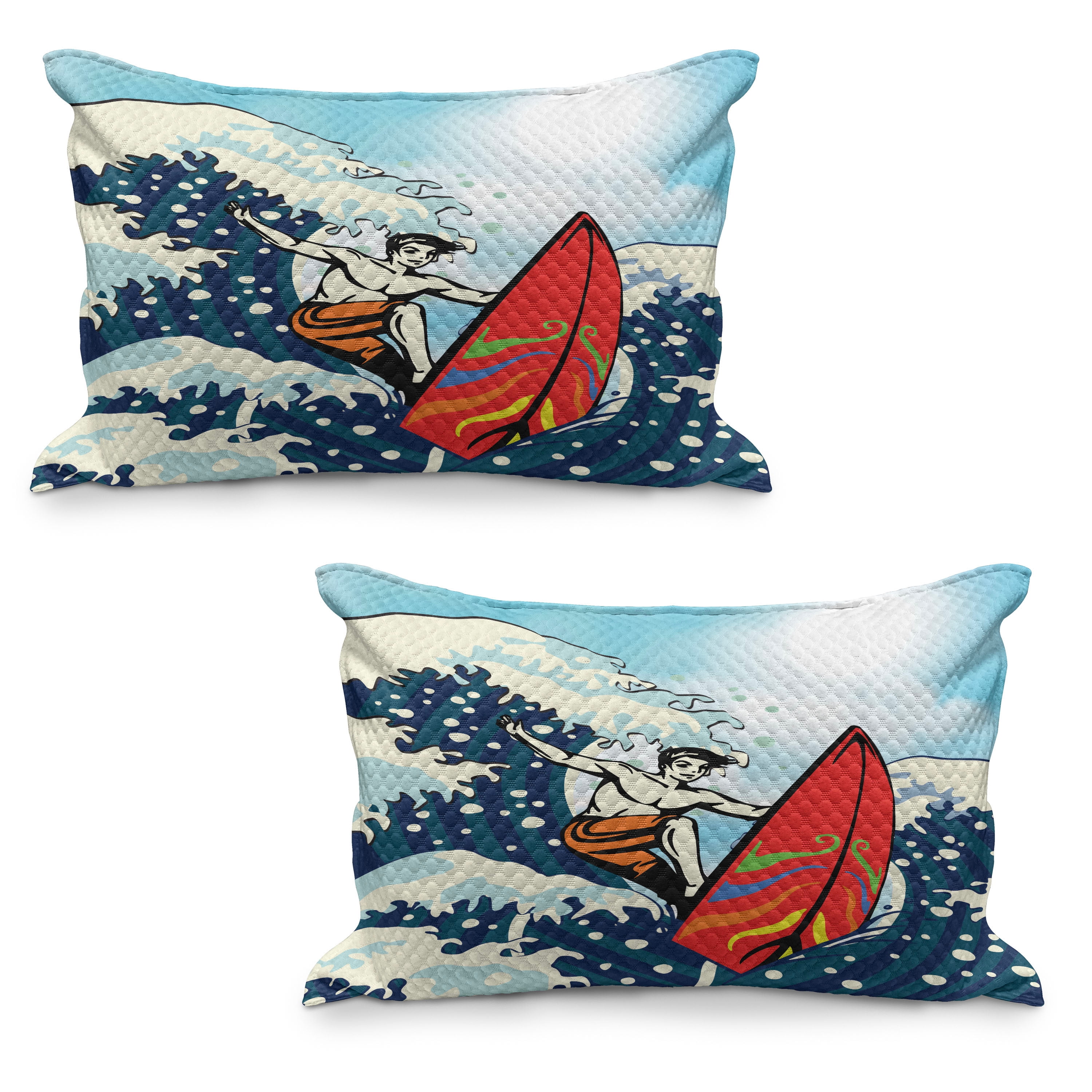 Surf Quilted Pillowcover Set of 2, Summer Themed Abstract Cartoon with ...