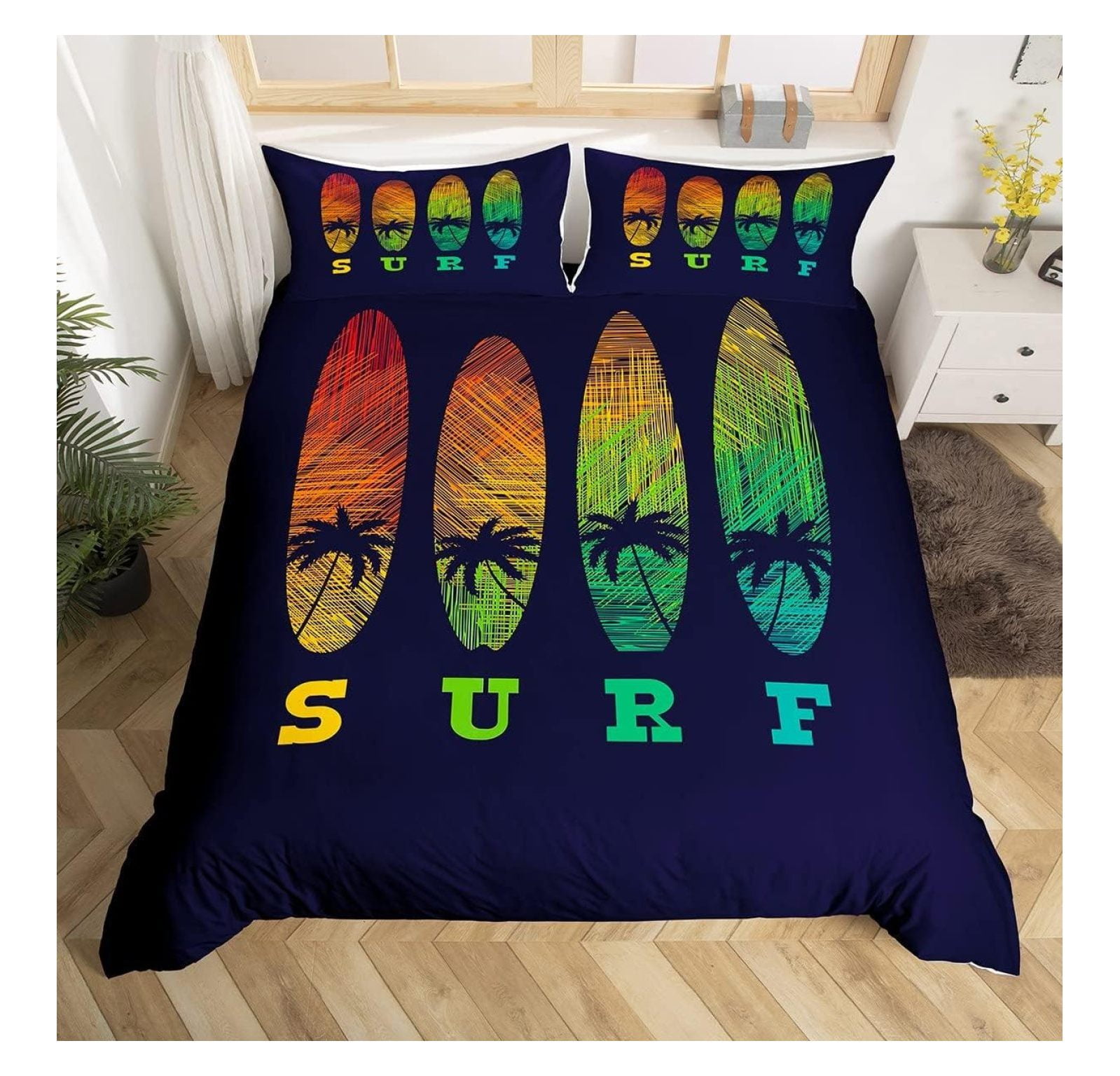 Surf Skateboard Duvet Cover Set Full Size,Summer Surfing Rainbow ...