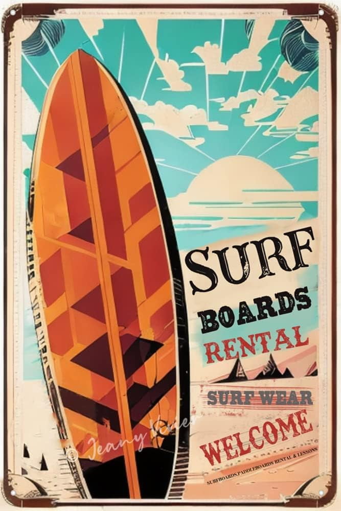 Surf Wear Decor Surfboards Rental Welcome Tin Sign, Summer Vintage Tin ...