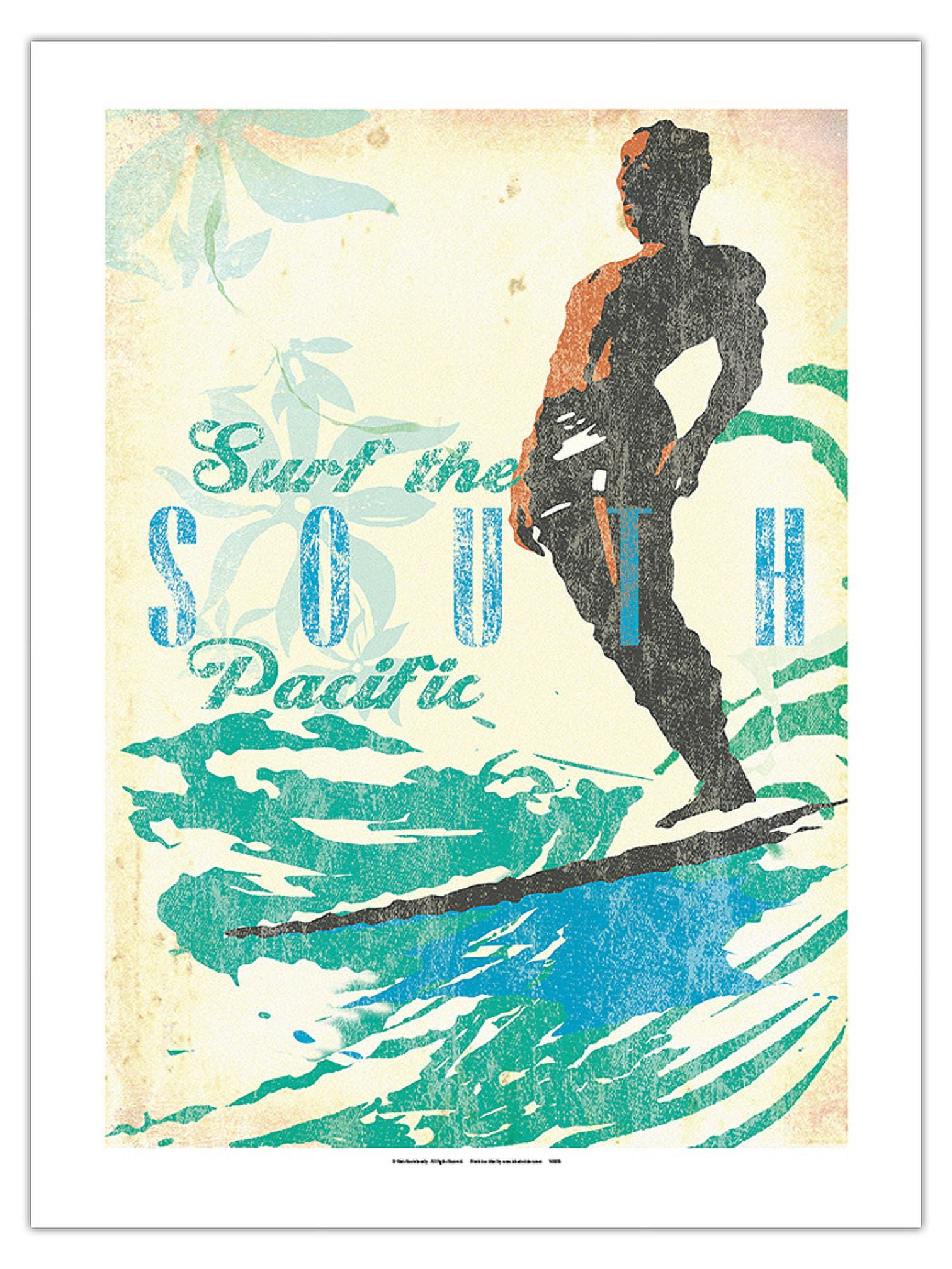 Surf the South Pacific - Surfer On Wave - Vintage Travel Poster by Wade ...