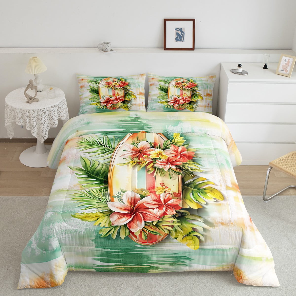 Surfboard Bedding Set,Tropical Flower Leaves Comforter Set 2Pcs Teens ...