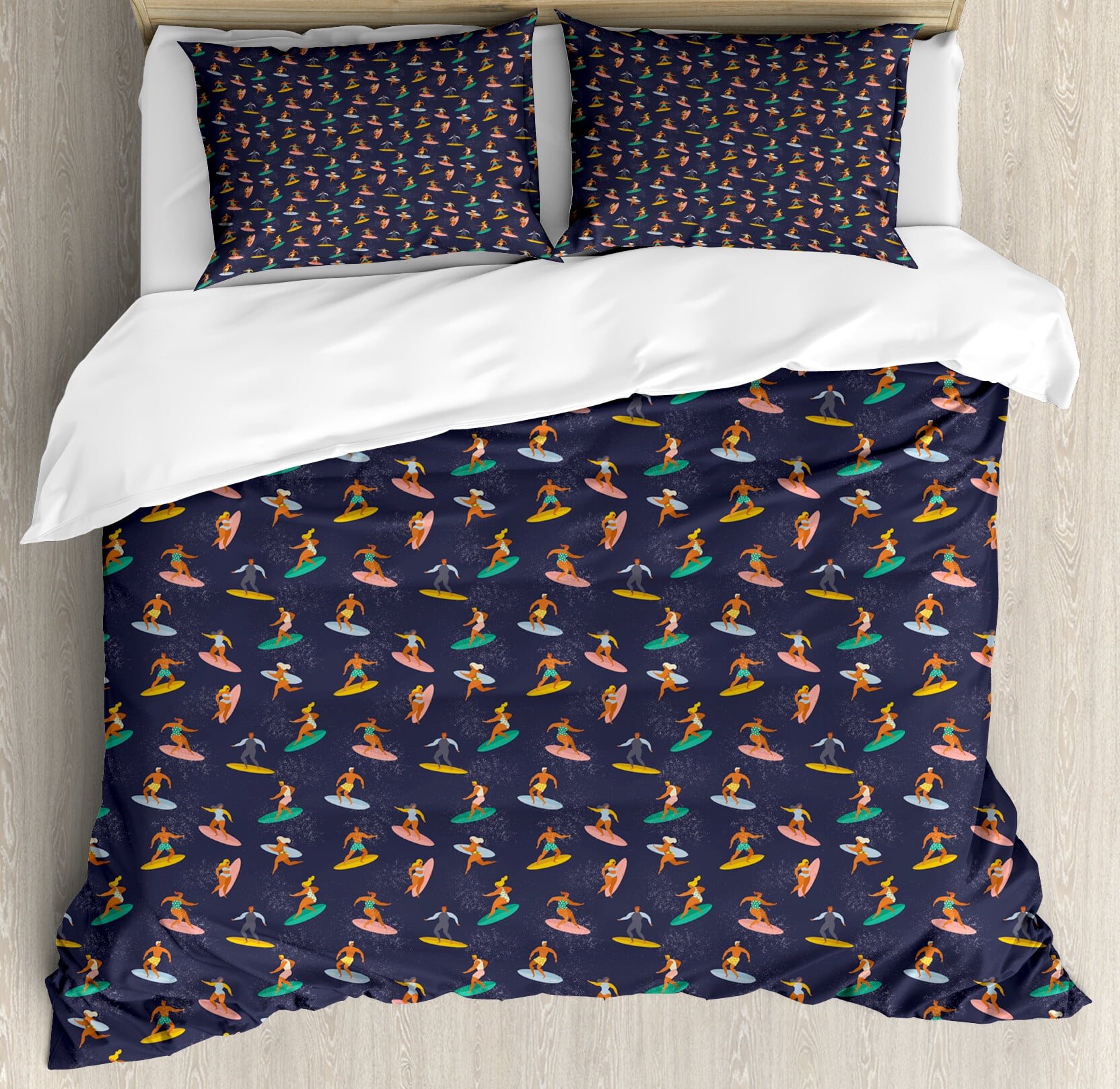 Surfboard Duvet Cover Set, Multitude Continuous Cartoon Surfer People ...