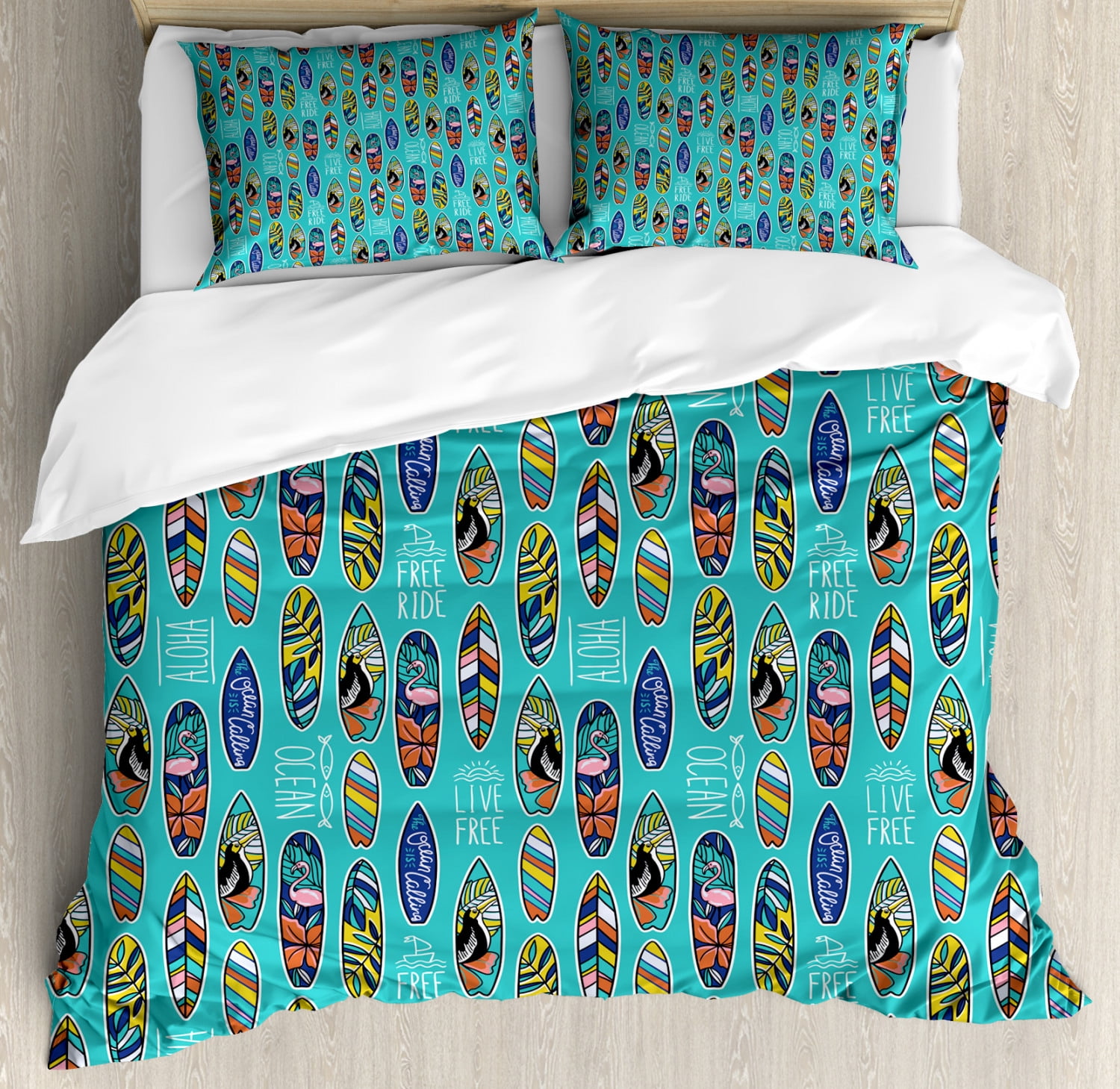 Surfboard Duvet Cover Set Queen Size, Aloha Hawaii Live Free Ocean ...