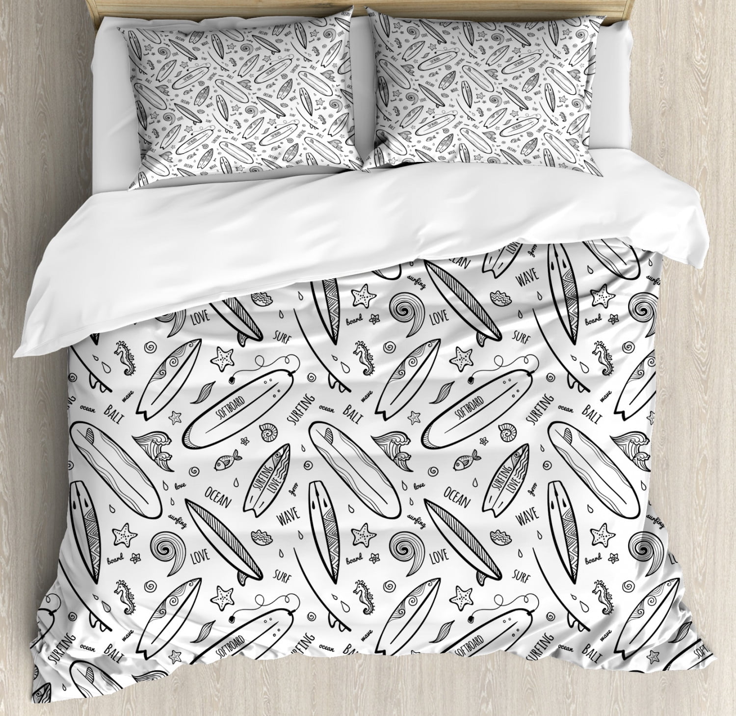 Surfboard Duvet Cover Set Queen Size, Monochrome Coastal Pattern Water ...