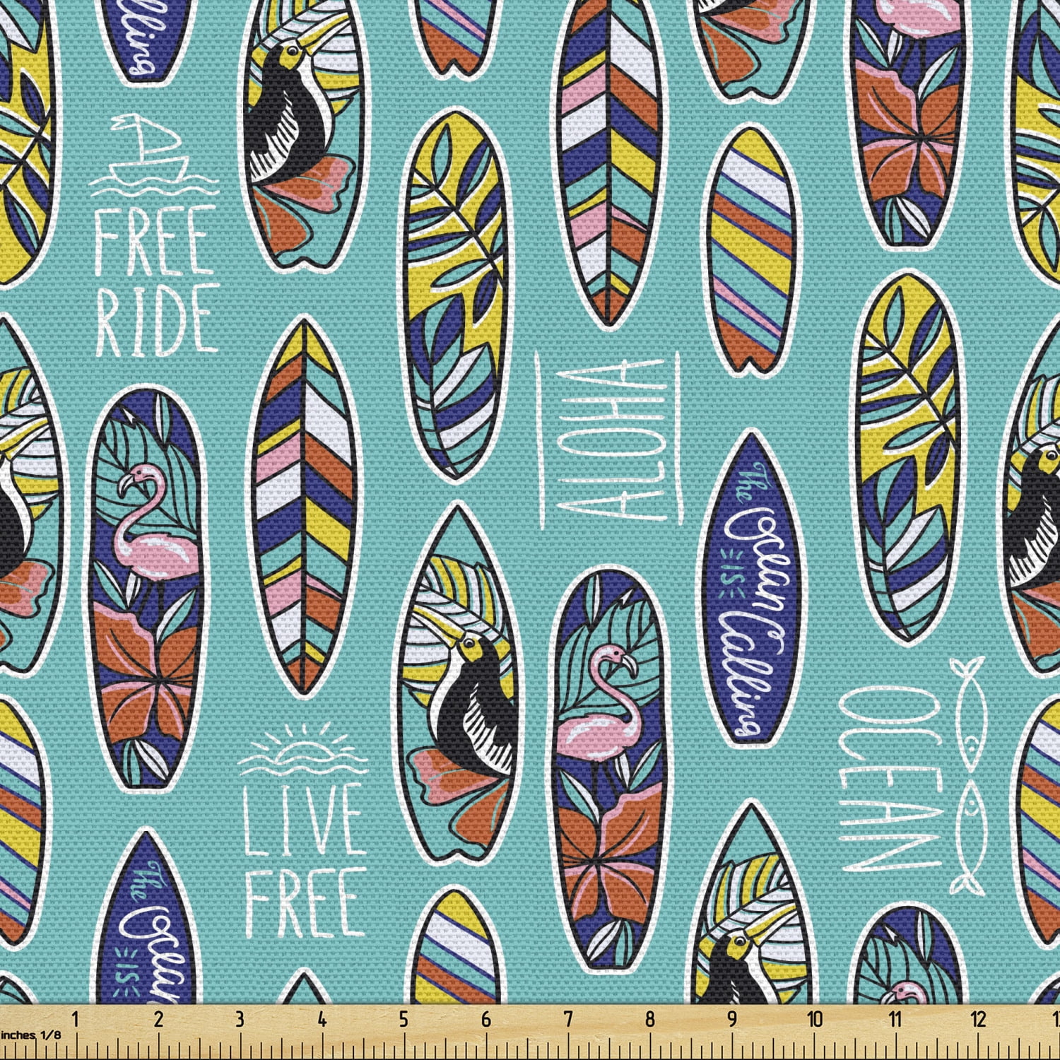 Ambesonne Surfboard Fabric by the Yard Upholstery, Aloha Hawaii Ocean ...
