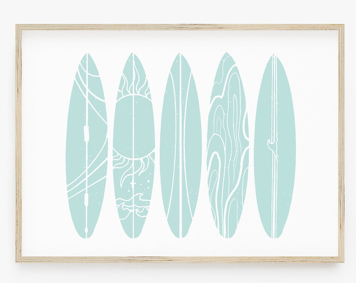 Surfboard Poster Print Mint Green, Abstract Surf Wall Art, Horizontal ...
