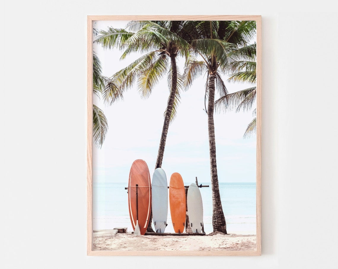 Surfboard Print, Surf Beach Photography, Palm Tree Surf Board Poster ...