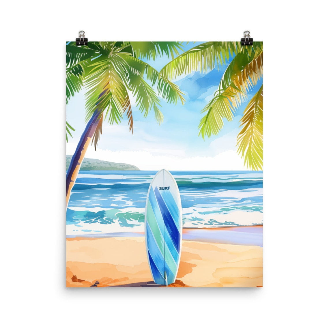 Surfboard Print, Tropical Beach Palm Tree Art, Coastal Wall Decor ...