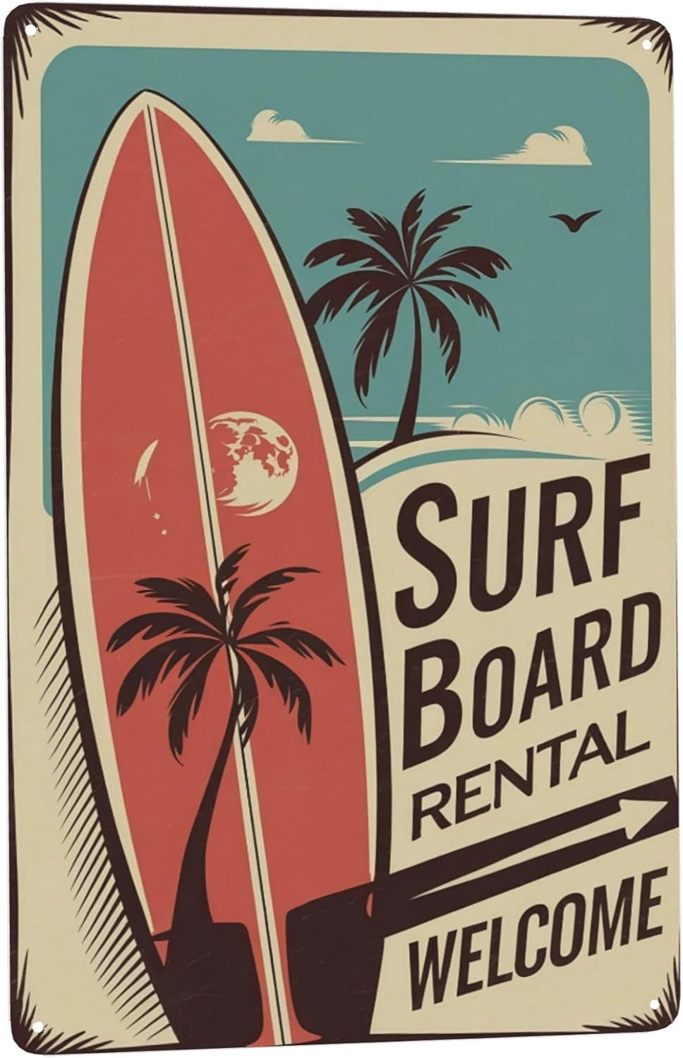 Surfboard Summer Tin Sign 8x12 Inch Coastal Metal Wall Art for Beach ...