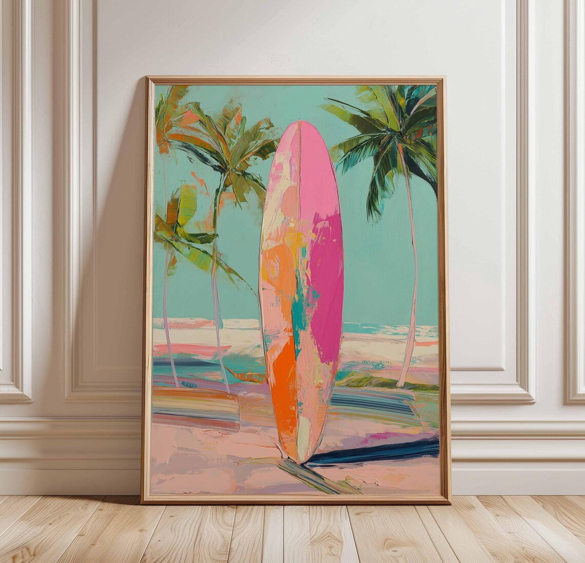 Surfboard Tropical Beach Palm Tree Vibrant Coastal Ocean Wall Art ...
