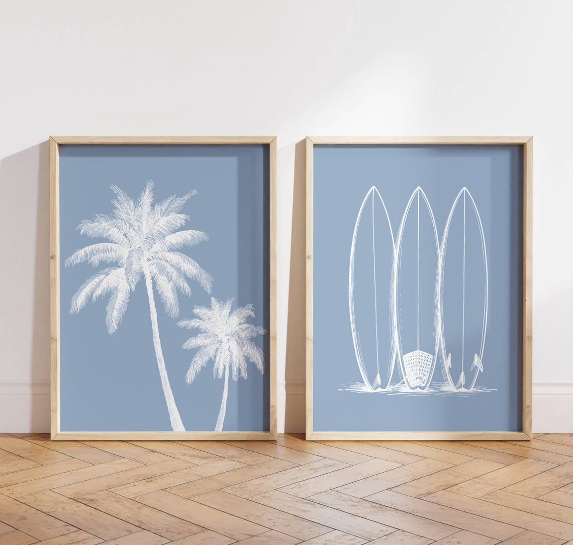 Surfboard Wall Art Blue Coastal Art Surfboards and Palm Tree Minimalist ...
