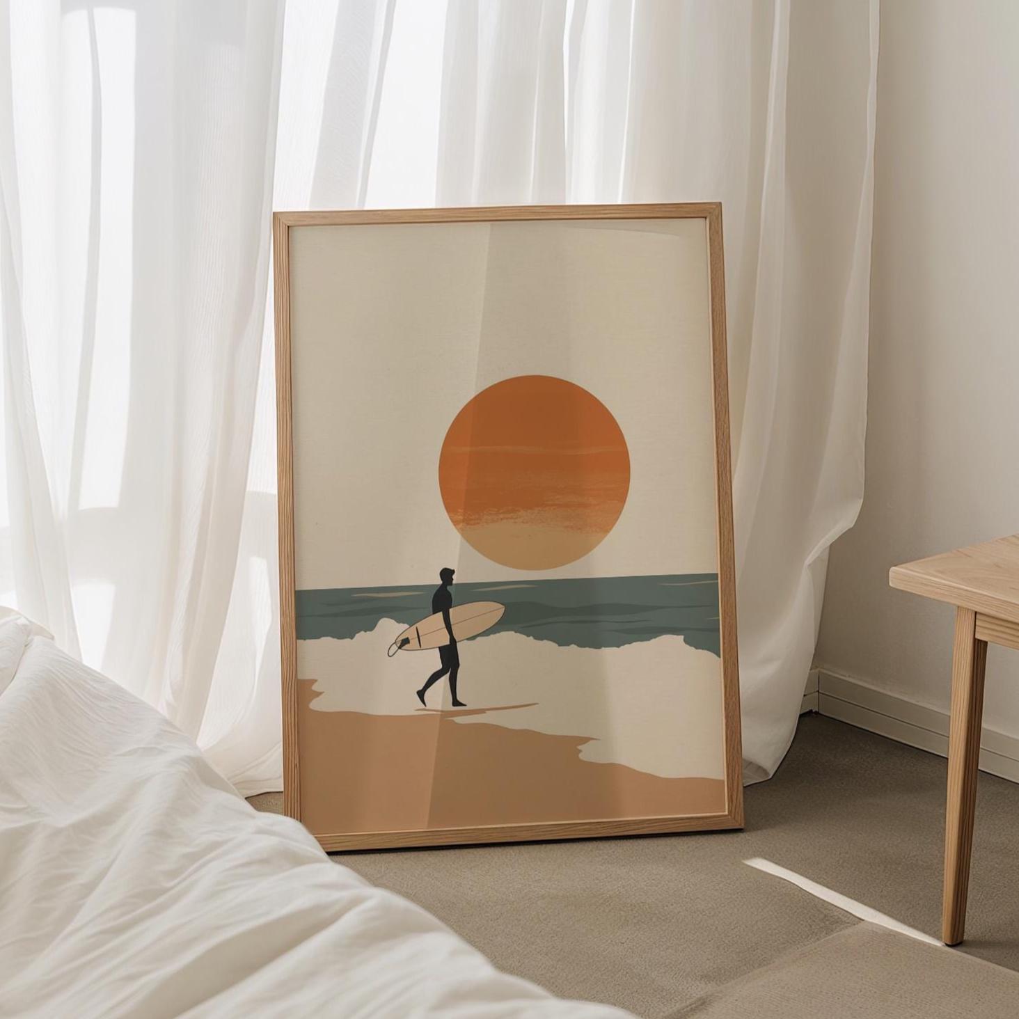 Surfer And Sunset Print • Beach Surf Poster Surfboard Retro Surfing Art ...