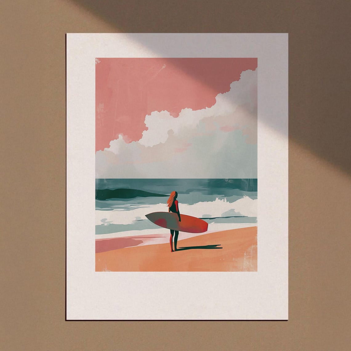 Surfer Girl Pink Print, Boho Surf Girl Wall Art, Surf Coastal Ocean ...