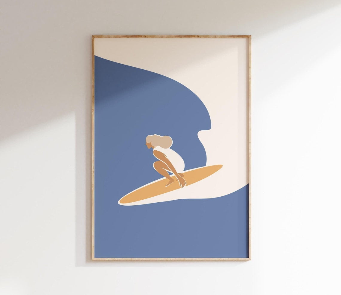 Surfer Girl Poster Blue Ocean Art Print Trendy Beach Print Surfer Gift ...
