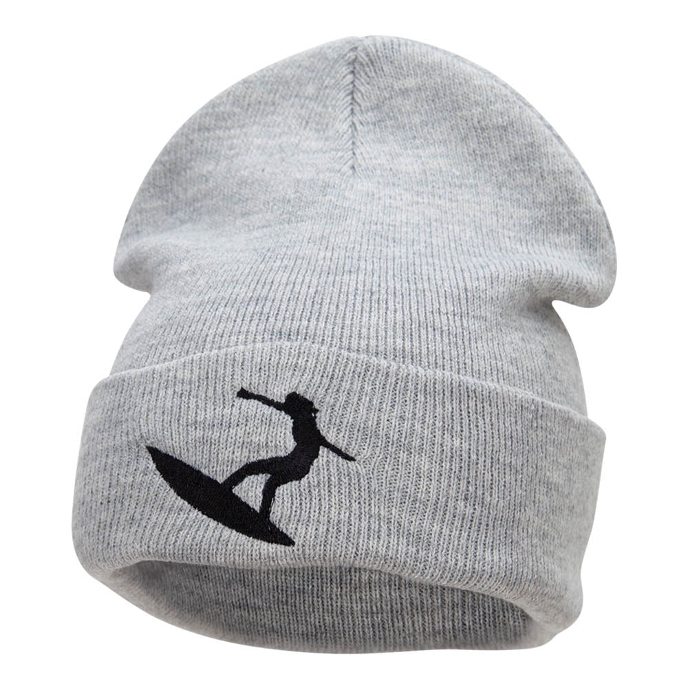 Surfer Girl Silhouette Embroidered Long Beanie - Heather Grey OSFM ...