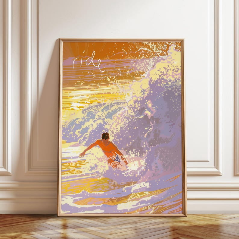 Surfer In Golden Waves Art Print - "Ride" Abstract Surf Poster - Ocean ...