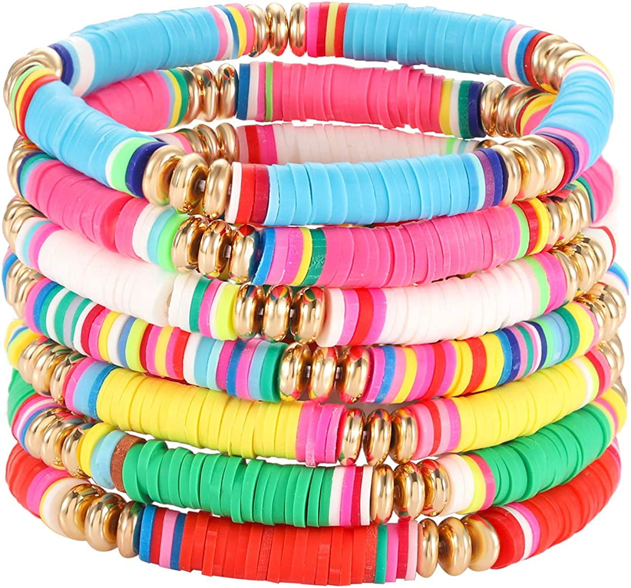Surfer Heishi Bracelets for Women Stackable Rainbow Vinyl Disc Clay Beaded Stretch Bracelets ...