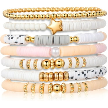 20-Piece Colorful Heishi Surfer Bracelet Set - Rainbow Clay Disc Beaded Stretch Layering Elastic ...
