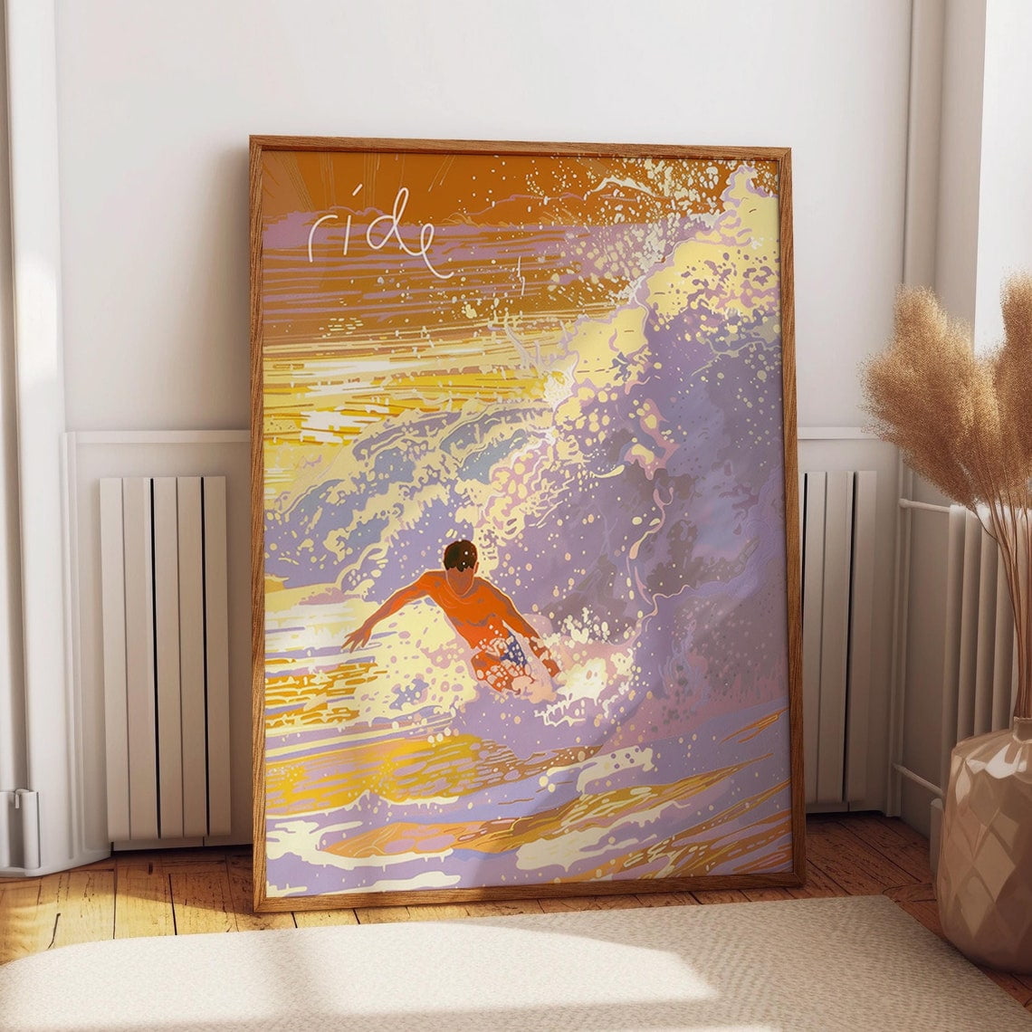 Surfer In Golden Waves Print - "Ride" Abstract Surf Poster - Ocean Wave ...