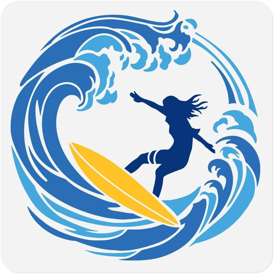 Surfer Lady Stencil for Painting 11.8"x11.8"Reusable Sea Surfing ...