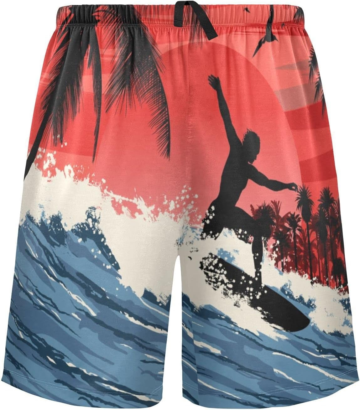 Surfer On Ocean Wave Sunset Palm Tree Seagull Mens Pajama Pants Shorts ...
