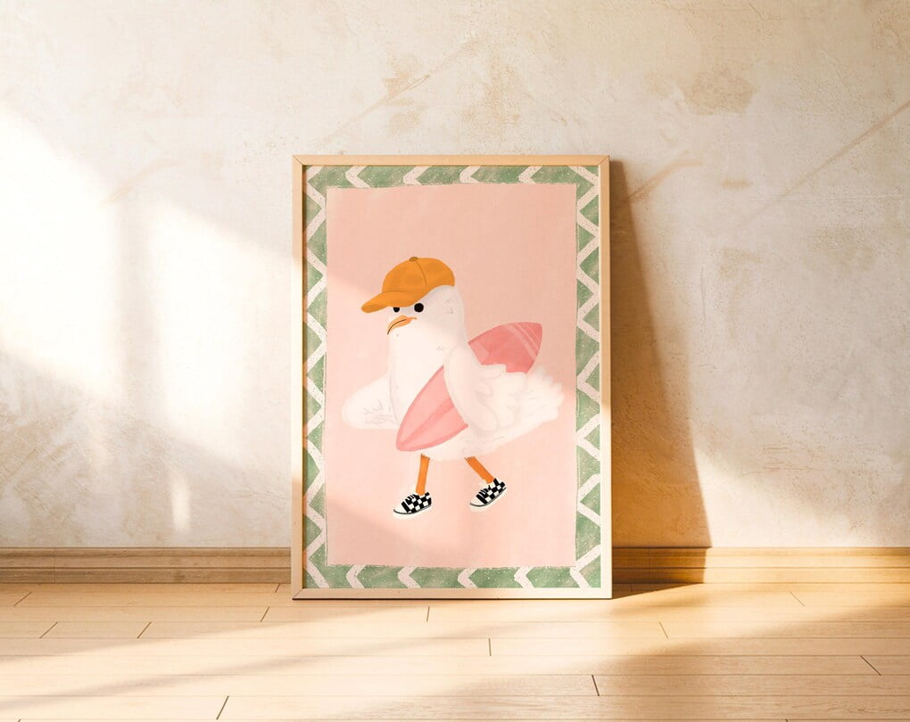 Surfer Seagull Wall Art Pink Poster Kids Animal Nursery Print Boho ...