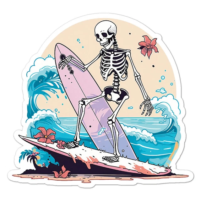 Surfer Skull Beach Wave Sticker Indoor Outdoor Phone Decal Water Bottle ...