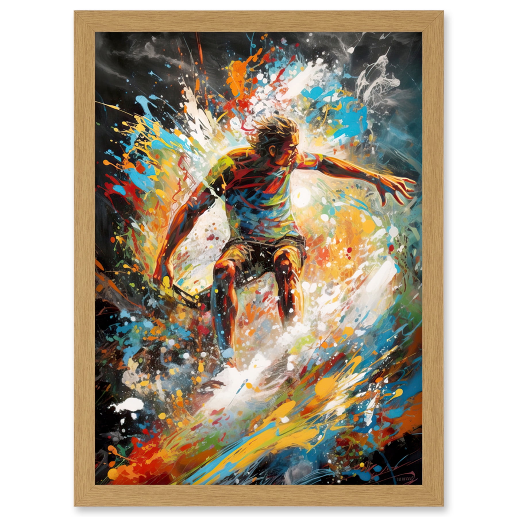 Surfer Surfing on Crashing Waves Splatter Paint Artwork Framed Wall Art ...