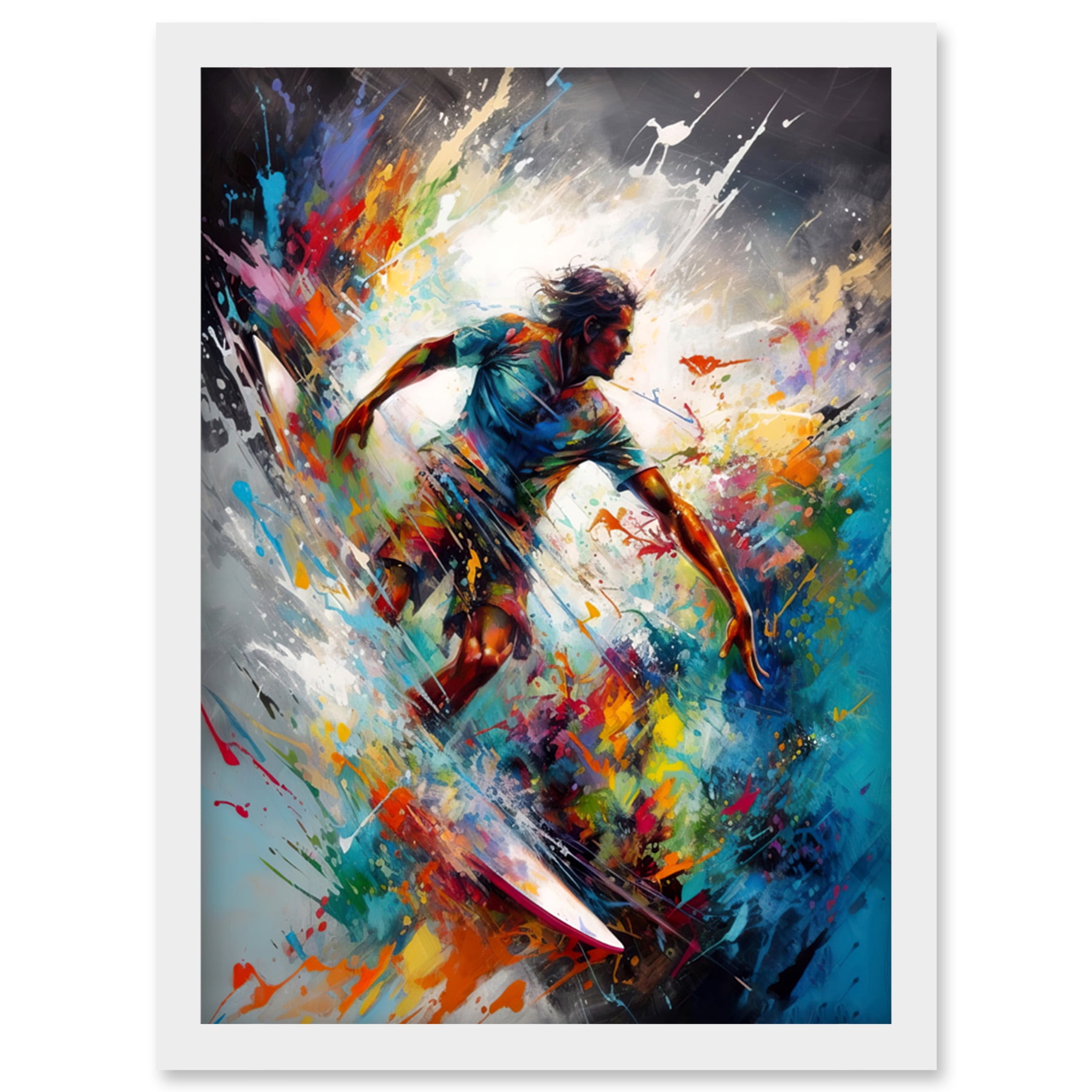 Surfer Surfing on Rainbow Paint Splat Waves Artwork Framed Wall Art Print A4 - Walmart.com