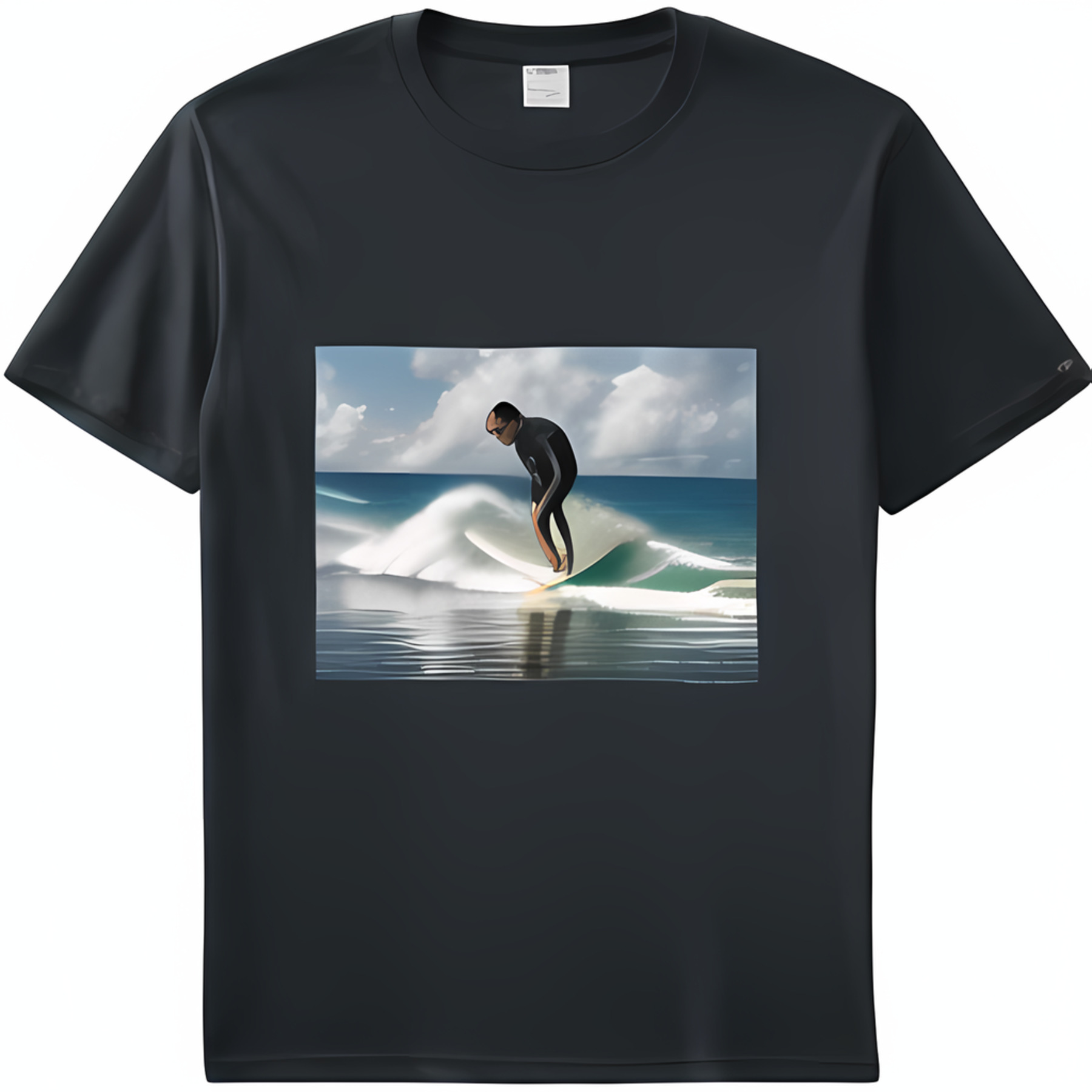 Surfer on Beach with WhiteWave Photorealistic T-Shirt Design Front View ...