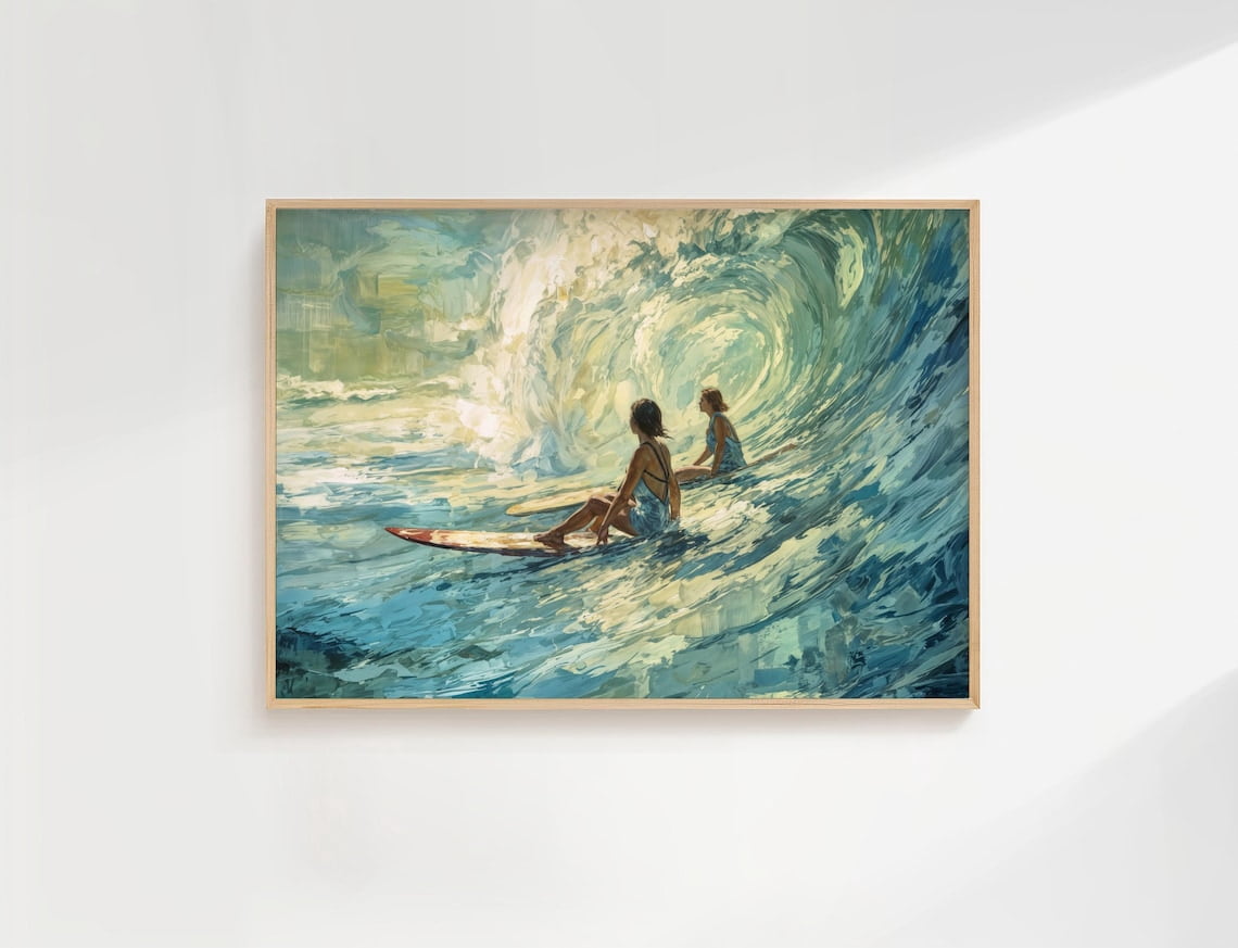 Surfers on Wave Surfing Coastal Surfboard Beach Surfer Girls Version ...